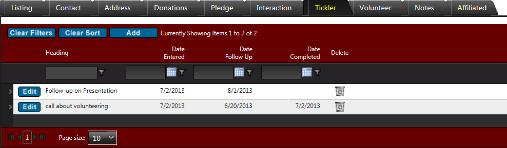 Tickler Tab - DonorSnap Support